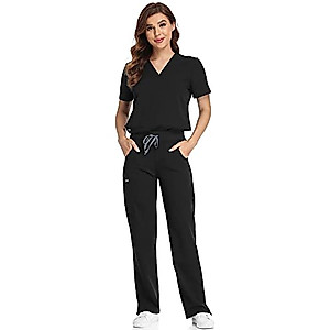 COMENII Scrubs for Women, Mid Rise Straight Leg Cargo Scrubs Pants with Flat Stretch Knit Yoga Waistband, Anti-Wrinkle Medical Scrub Pants for Women(Black M)