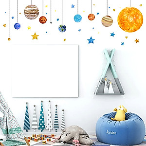 Planets and Space Wall Decals, Removable Solar System Wall Stickers, Cartoon Stars Wall Décor, Peel and Stick Universe DIY Art Murals Vinyl Wallpaper for Kids Boys Bedroom Nursery Decoration