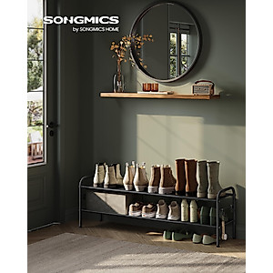 SONGMICS Shoe Rack, 2 Tier Shoe Organizer, Fabric Shoe Shelf Storage with 4 Hooks, Holds up to 12 Pairs of Shoes, Height-Adjustable Shoe Rack for Entryway, Hallway, Closet, Easy Assembly, Ink Black