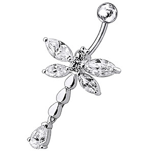 Clear CZ Crystal Stone Dragonfly with Multi Teardrop Dangling 925 Sterling Silver Belly Ring Body Jewelry