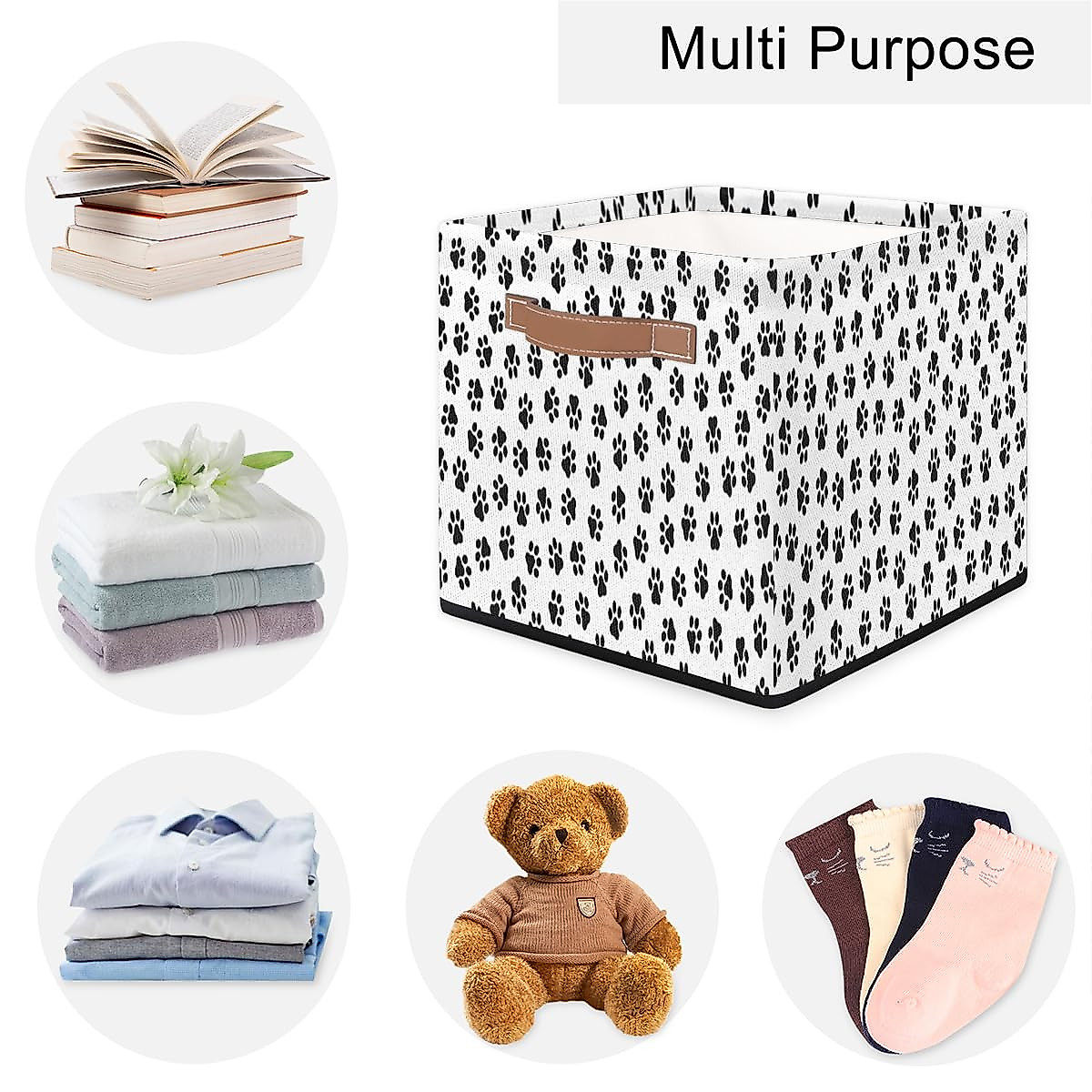 Yzrwebo Black Paw Print Fabric Storage Bins for Organizing Cat Dog Paw Print Large Storage Basket with Handles Cube Collapsible Organizer Bins for Shelves Closet Decor Toys Clothes Cubby 13"x13"x13"