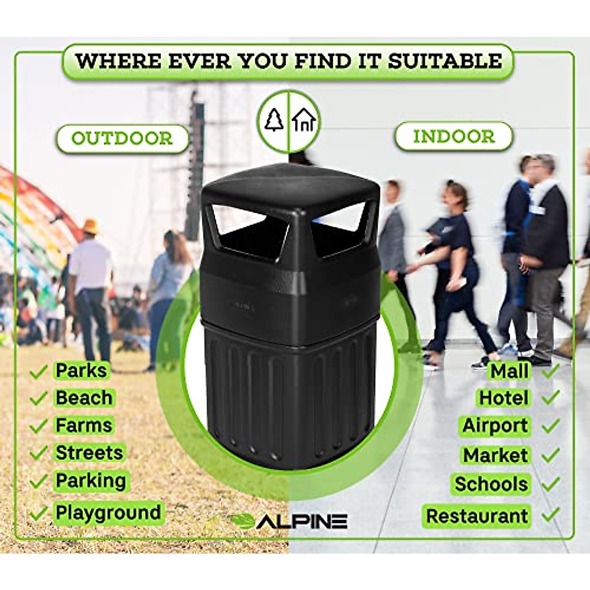 Alpine Industries Outdoor/Indoor Trash Can - Heavy Duty Garbage Can with Lid - Trash Bin for Home, Kitchen, and Bathroom - (16-Gallon Capacity, Black)