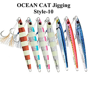 OCEAN CAT Slow Pitch Jig Flat Fall Jigging Fishing Lures Vertical Jigs Jigging Baits with Assist Slow Pitch Jig Hook for Saltwater Fishing 60G/100G/150G/200G/250G (40G, Style-10: Black&Silver Color)