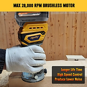 Cordless Compact Router, Mellif Brushless Palm Router Compatible with 20V Battery (Tool Only) 28,000RPM 600W w/Fixed Base, 12PCS 1/4" Router Bits, 5-Speed, Edge & Roller Guides, Dust Hood