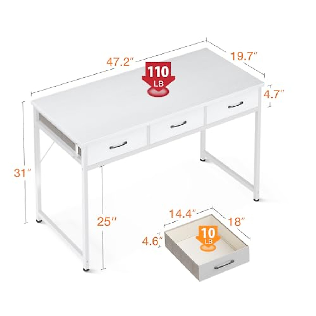 ODK 48 Inch Computer Desk with 3 Fabric Drawers, Home Office Desks with Storage, Modern Work Desk for Bedroom, Writing Study Table, White
