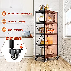 REIBII Storage Shelves for Storage with Wheels 1160LBS Heavy Duty Metal Shelving Unit Rolling Adjustable 5-Tier Pantry Shelves Kitchen Shelves Garage Shelving Utility (1)