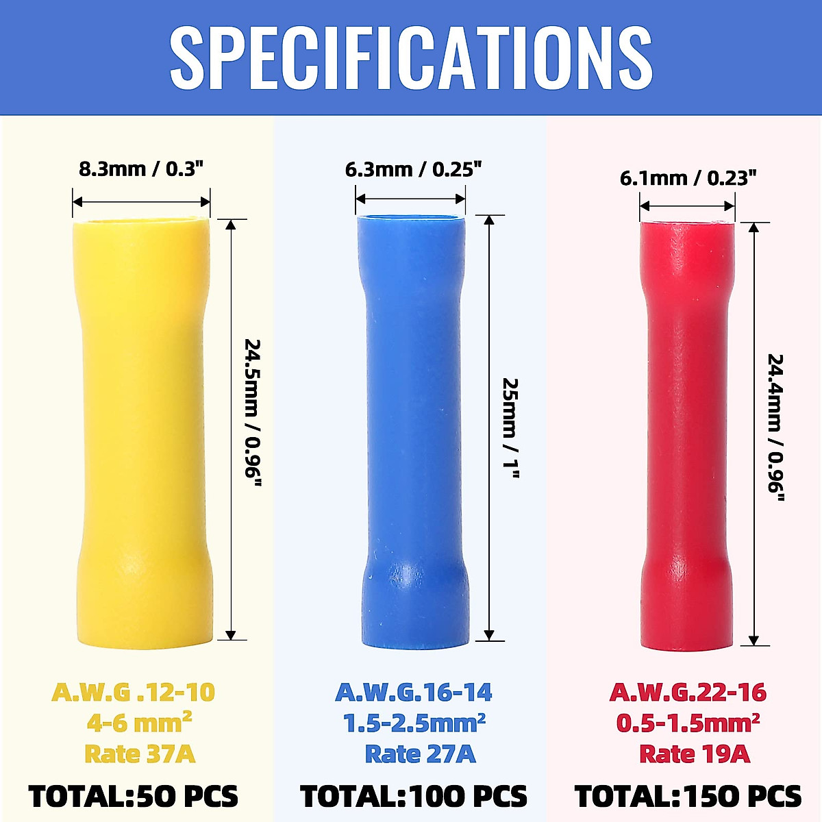 Qibaok 300 PCS Butt Splice Crimp Connectors Insulated Electrical Straight Wire Terminal Connectors 10-22AWG