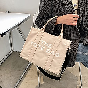 Canvas Tote Handbag Shoulder Bag, Letter Printing Solid Crossbody Bag, Large Capacity Tote Bag for Men Women (2pcs Black & Beige)