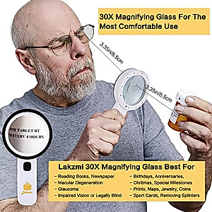 30X Magnifying Glass with Light (12 LED & 1 UV), High Grade Large Illuminated Magnifier for Seniors, Reading Tiny Labels & Prints, Hobby, Inspections, Macular Degeneration, HQ Gift Box(Included)