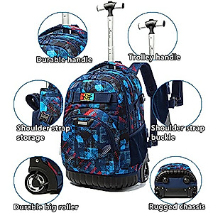 Egchescebo Kids 3PCS Rolling Backpack 18" for Boys with Lunch Bag Pencil Case School Bags Wheeled Backpack Travel Kids' Luggage Wheeled Bags Trolley Fashion Space Starry Sky Printed Durable Bookbag with Big Wheels Blue
