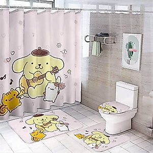 Pompompurin Playing Guitar Cute 4 Piece Bath Set Bathroom Decoration Set with Shower Curtain Set Non Slip Floor Mat Toilet Lid Bath Mat Polyester Waterproof Shower Curtain