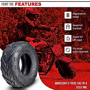 AlveyTech 145/70-6 Front Tires with V-Tread - For the Coleman KT196/CK196-T Go-Kart, All Terrain, Rubber Tubeless Tire for 4x4 Quad, Mini Dirt Bike, UTV, ATV, Lawn Mower and Electric Cart, (Set of 2)