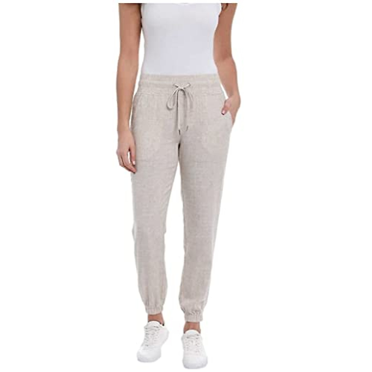 Brigg Women's Linen Blend Relaxed Fit Jogger Sweatpants Yoga Trouser Pants (X-Large, Tan)