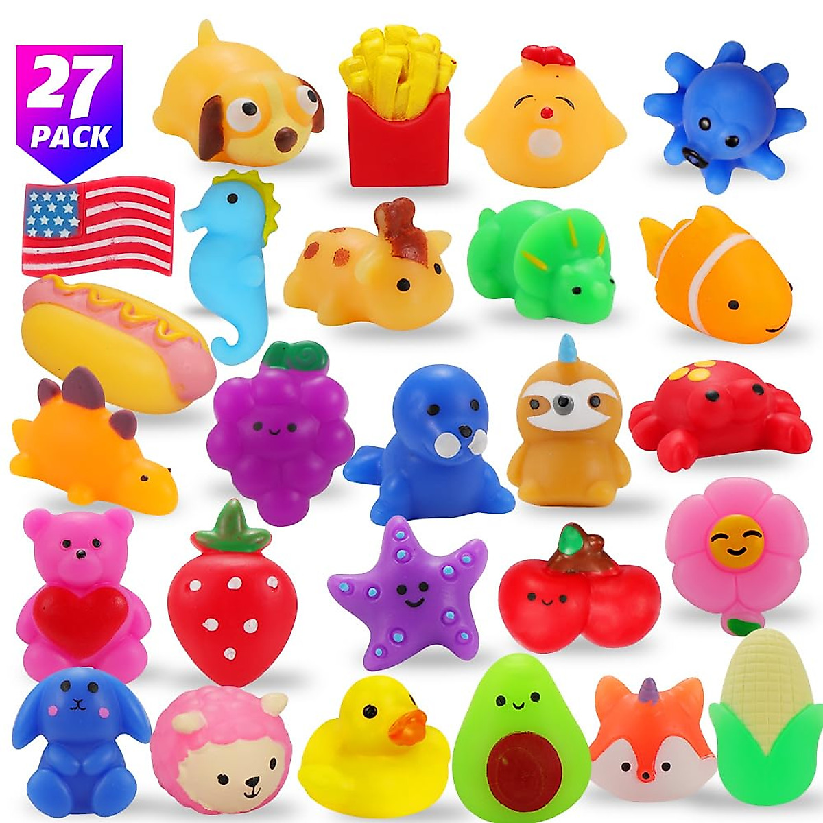 VNAMO Squishy Toys, 27-Pack Squishies Party Favors for Boys Girls Kids, Mochi Mini Kawaii Squishy Fidget Stress Reliever Anxiety Toys Set, Classroom Prize Bulk Gifts for Christmas Treat Goody Bags