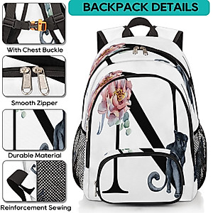 Alphabet Monogram Floral N Letter Bookbag School Backpack Teens Girls Boys Schoolbag Shoulder Computer Hiking Gym Travel Casual Travel Daypack