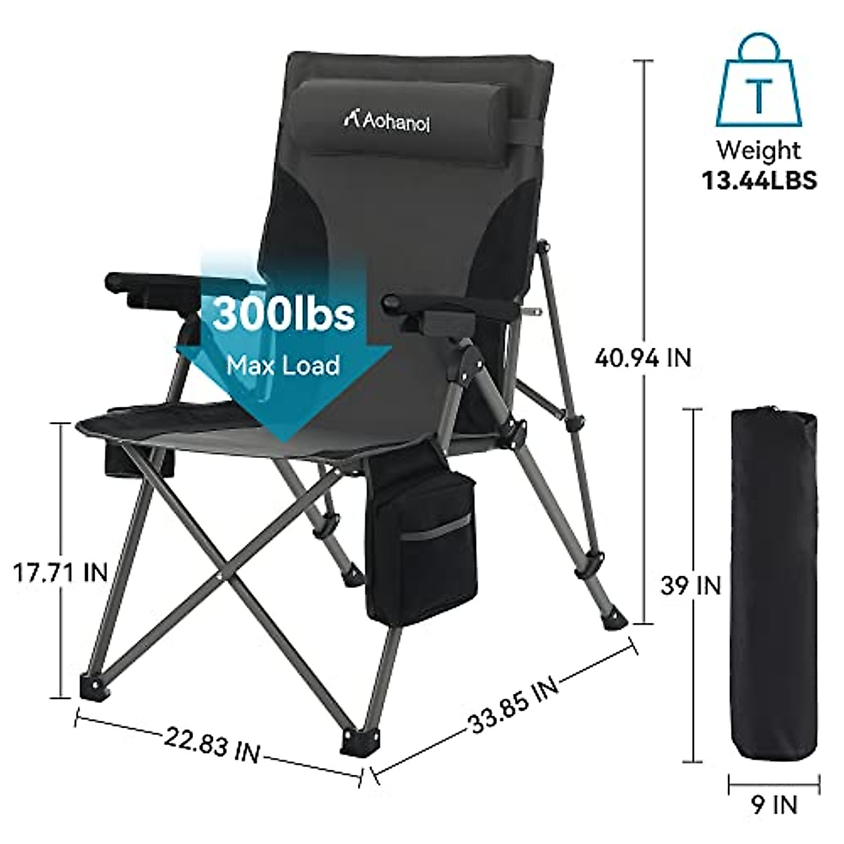 Aohanoi Camping Chairs, Camping Chairs for Heavy People, Outdoor Folding Chairs with Adjustable Angled Backrest, Lawn Chairs Folding Supports up to 300lbs (2 Pcs, Grey)