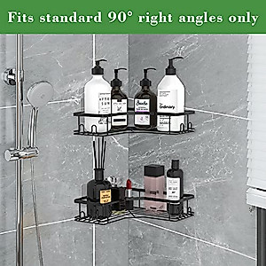 Upqiany Corner Shower Caddy Storage Rack - 2 Pack Stainless Steel Adhesive Bathroom Shelf, No Drilling Rustproof Wall Mounted Shampoo Holder Organizer Basket for 90-Degree Corner, Black