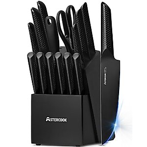 Astercook Kitchen Knife Set, 15 Pieces Chef Knives Set with Block, German Stainless Steel Handle One-Piece Design Knife Block Sets Dishwasher Safe Black