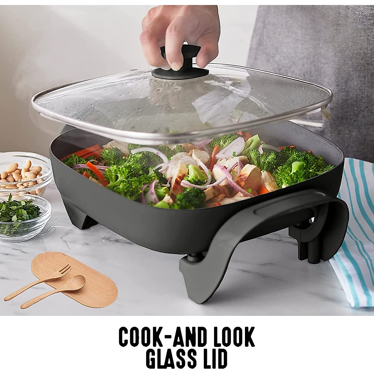 12-inch Ceramic Electric Skillet Nonstick - with Glass Lid, Adjustable Temperature Control (5QT.)