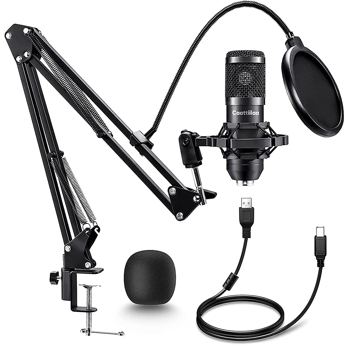 Caattiilaa - PC Streaming Podcast Microphone, for Recording, Gaming, 192KHZ/24Bit Condenser Electric USB Mic Kit with Sound Chipset Boom