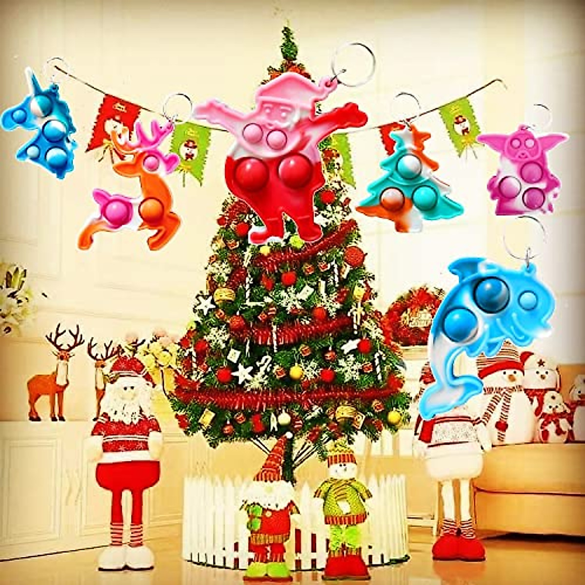 (School Students Gift and Party Favors) 15 Packs Bulk Mini Pop Keychain Backpack Fidget, Santa Claus Christmas Tree Decoration,Window and Wall Stickers