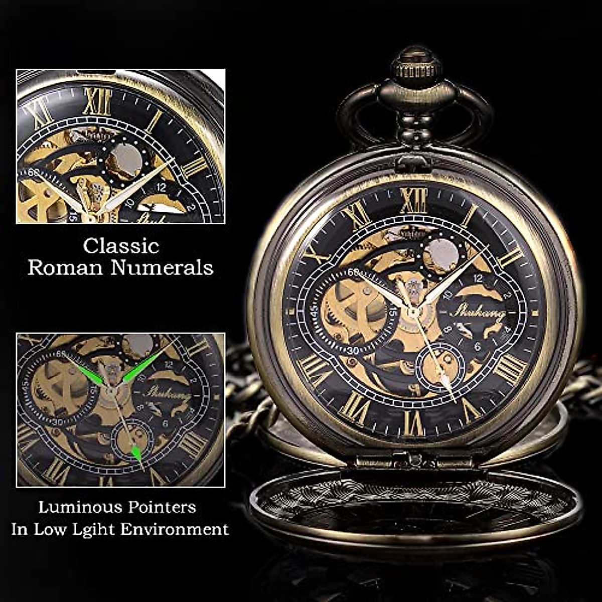 SIBOSUN Pocket Watch Skeleton Mechanical Double Case Hand-Wind Bronze Roman Numerals Antique Chain Mens