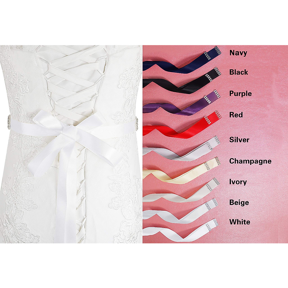 Lovful Bridal Crystal Rhinestone Braided Wedding Dress Sash Belt, White, White Sash, One Size