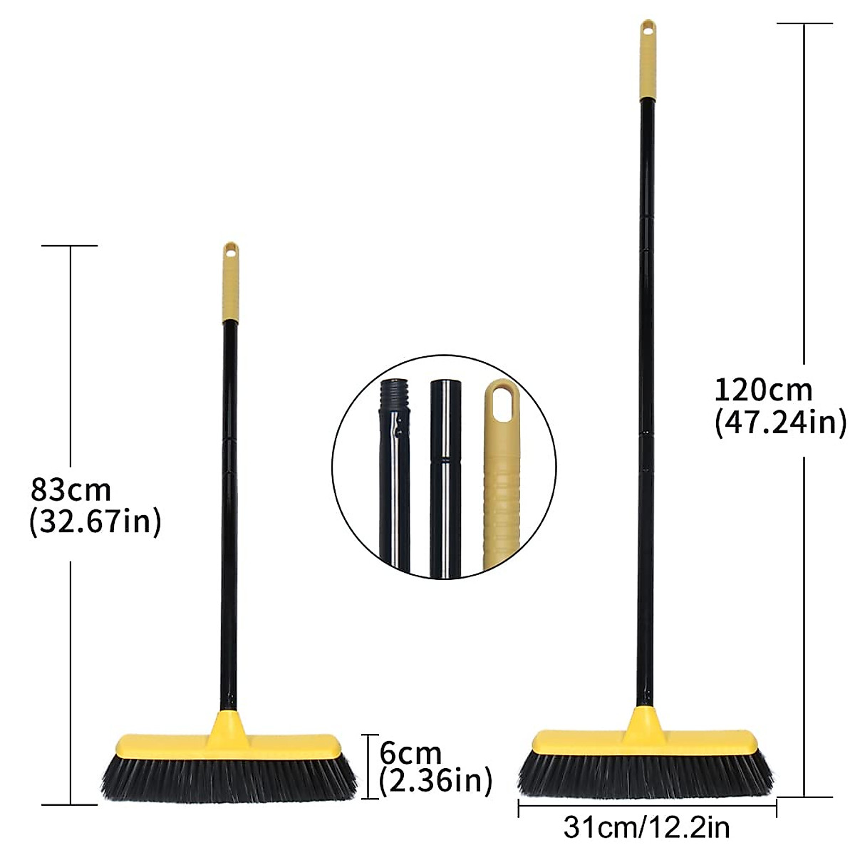 Push Broom with Long Handle, Floor Brush 47.6 inch Soft Bristle Broom 12.2" Wide for Cleaning Bathroom Kitchen Patio Garage Deck Tile