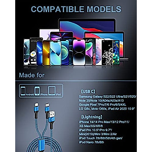 Multiple Charger Cable 2 in 1 iPhone and Android USB Charging Cable, 4ft Nylon Braided Multi Charging Cable with Type-C/Lightning Port Compatible with iPhone 14 Pro Max/14/13/12, iPad, Samsung, Google