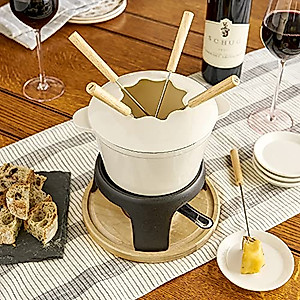 Twine Farmhouse Kitchen Enamel Cast Iron Fondue Set Cheese Melting Pot Metal Stand with Stainless Steel Forks and Chrome Gel Burner, 8.5", Off-Cream