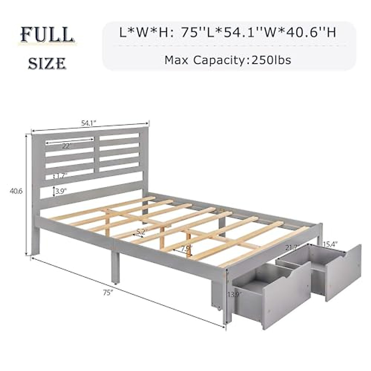 Full Size Bed Frame with 2 Drawers, Full Bed Frame with Storage, Wooden Platform Bed Frame with Headboard, Noise Free, No Box Spring Needed for Teens Adults Bedroom (Gray)