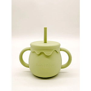 Rainbow & Butterflies |8 Piece| DINO Silicone Baby Feeding Set – |Bib, Suction Bowl, Suction Plate, Sippy Cup, 2-in-1 Straw & Snack Cup Lid, Straw & Spoon| – Food Grade Silicone, BPA Free (Olive)