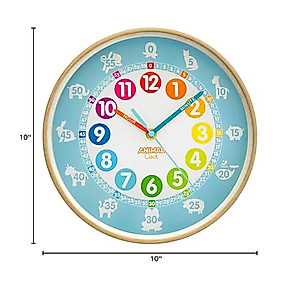 Animal Preschool Clock - Time Teacher 10 Inch Educational Silent Wall Clock with Wood Look Frame - Easy to Read Dial for Teacher's Classrooms, Preschooler's Bedroom & Children Playroom