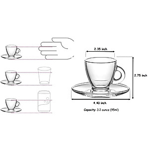 BOHEM'S Espresso Cups, 3.2 oz Small Demitasse Clear Glass Espresso Drinkware, Set Of Cups, Saucers and Stainless Steel mini Spoons + Free Glass Spoons (Set of 6)