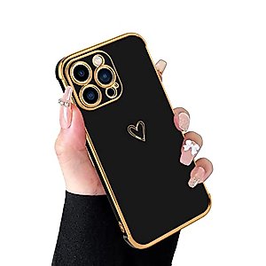 MZELQ Compatible with iPhone 14 Pro Max Case for Women Cute Luxury Love Heart Pattern Design Full Camera Protection Soft TPU Reinforced Corners Protective Plating Edge Phone Case 6.7" 2022 - Black