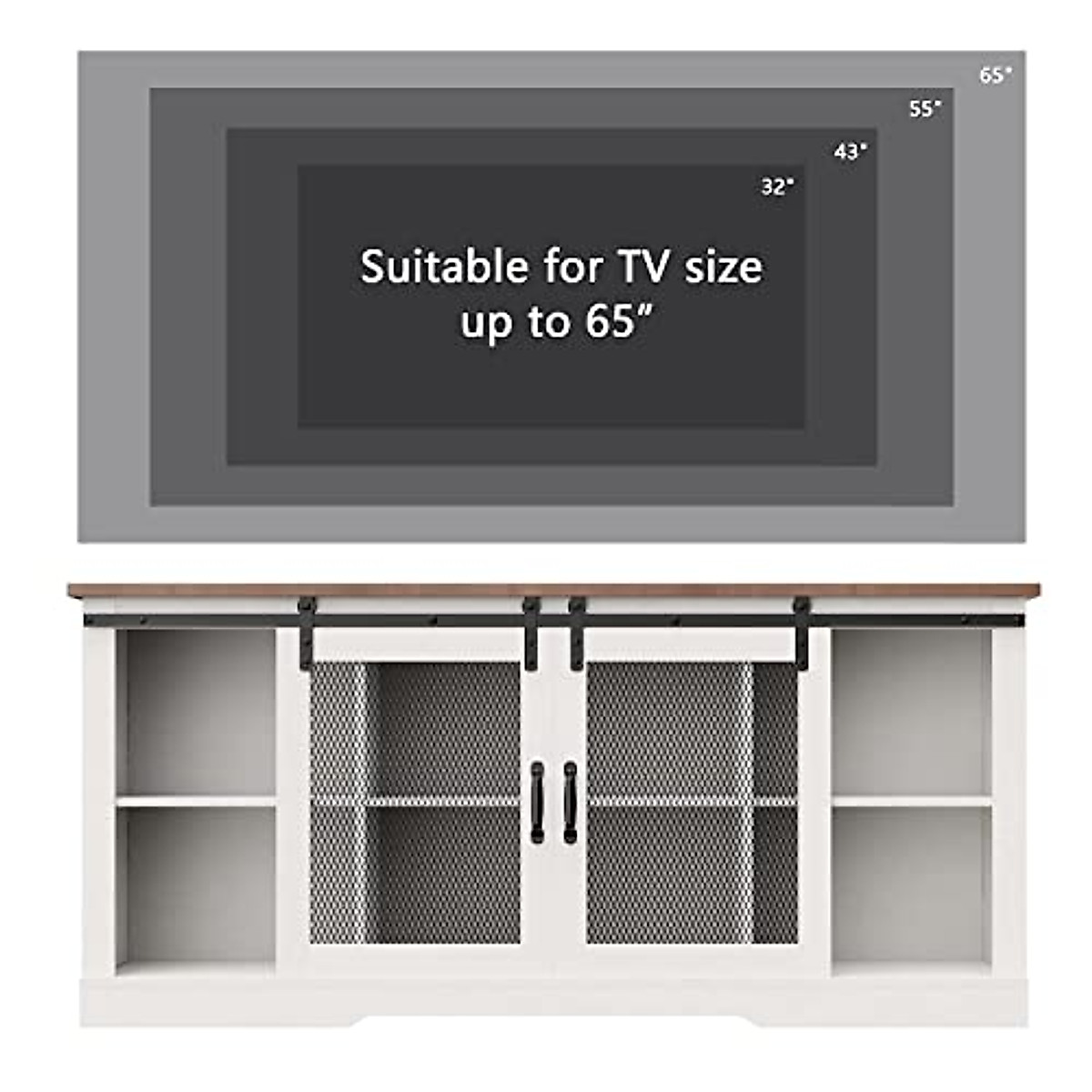 Xilingol Farmhouse TV Stand for TVs 65"+, Modern Entertainment Center 58" W, Television Cabinets with Double Sliding Barn Door & Storage Shelves, Media Console for Living Room, White
