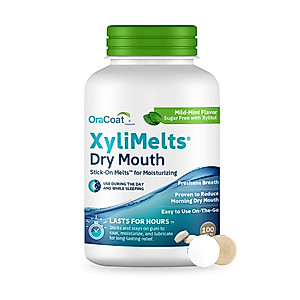 OraCoat XyliMelts Dry Mouth Relief Moisturizing Stick-On-Melts with Xylitol, 100 Count, Mild Mint, Help Stimulates Saliva for Dry Mouth, Non-Acidic, Day & Night Use, Time Release for Up to 8-Hour