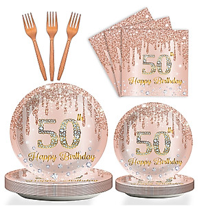 96 Pieces 50th Birthday Tableware Set for Pink Rose Gold 50th Birthday Table Decorations Supplies Pink Rose Gold Happy 50 Birthday Dessert Plates Napkins Forks for 24 Guests Women Birthday Supplies