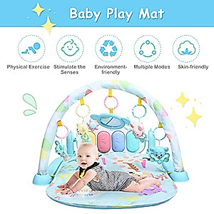 BABY JOY Baby Play Mat, Kick and Play Gym with Detachable Piano, Super Soft Foot Gym Carpet Fitness Rack, 4 Rattle Pendants and 1 Moon, Ideal for Baby Room (Blue)