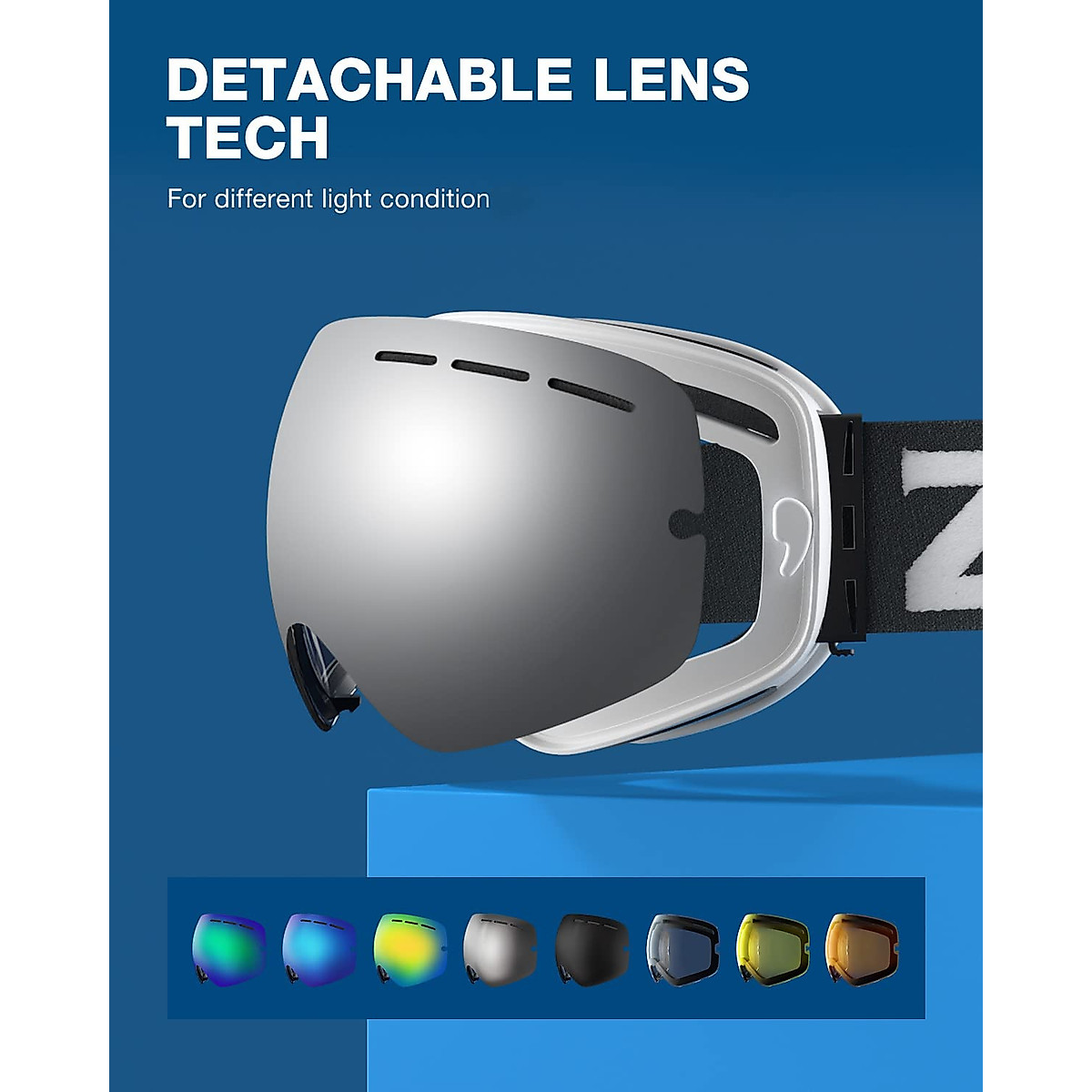 ZIONOR X Ski Snowboard Snow Goggles OTG Design for Men Women Adult with Spherical Detachable Lens UV Protection Anti-fog (VLT 9% White Frame Revo Silver Lens)