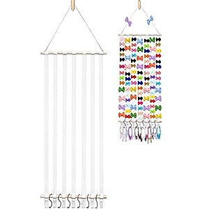 Danightime 48.5" X 16.5" Bow Holder for Baby w/7 Cotton Ribbons, 6 Metal Hooks , 1 Seamless Hook & 1 Wooden Wall Hook, Hair Bow Organizer for Girls, White