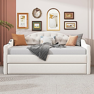 Ball & Cast Twin Daybed with Trundle, Velvet Upholstered Day Bed Frame with USB Ports, Button Tufted Backrest & Armrest, Wood Slats Supports,No Box Spring Needed, Beige