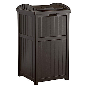 Suncast Trash Hideaway Outdoor Garbage Bin & 99 Gallon Deck Box w/ Seat, Java