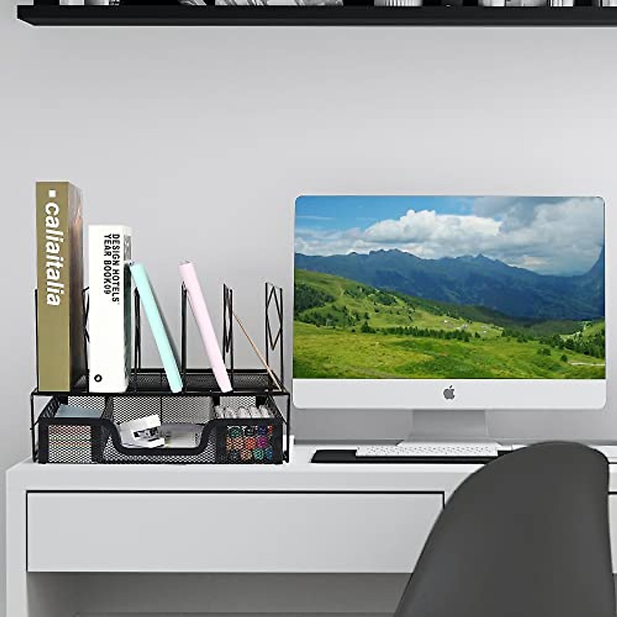 Spacrea Desk Organizers and Accessories, File Folder Holders Desktop Organization with 5 Upright Sections & Drawer, Great for Workspace College Dorm Home Office（Black）
