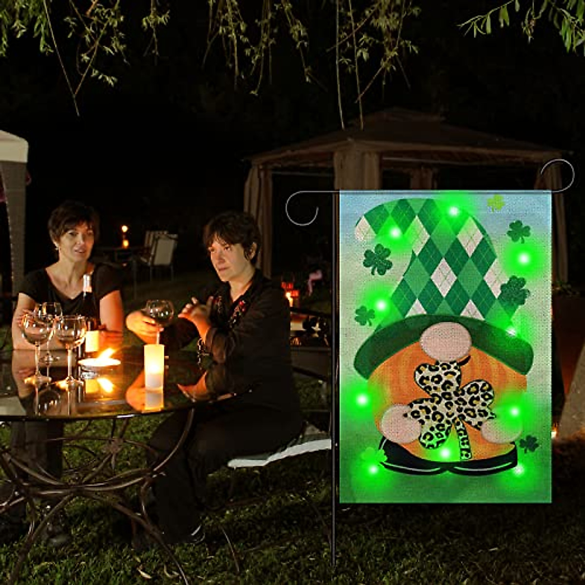 St Patrick's Day Garden Flag with Green Led Lights Good Shamrock Luck Truck Gnome 12 X 18 Inch Double Sided Garden Flag Durable Burlap Shamrock Garden Flag for Lawn Party Outdoor Decorations (Gnome-3)