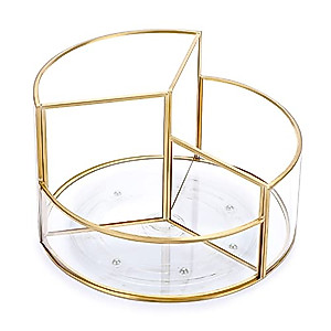 Hipiwe 360 Rotating Makeup Organizer 3-Slot Gold Glass Cosmetic Display Case Round Vanity Storage Holder Dresser Bathroom Organizer for Prefume Makeup Bushes Lipsticks
