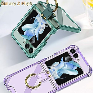 Aitipy for Samsung Galaxy Z Flip 5 Case with Ring Stand, 1 Front Screen Protector, Crystal Clear Slim Fit, Soft TPU Bumper Shockproof Protective Phone Case for Women Girls Boys(Clear Purple)