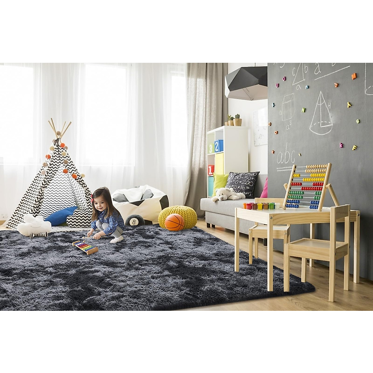 TWINNIS 4x6 Large Shag Area Rugs for Living Room Bedroom, Tie-Dye Dark Grey Indoor Super Soft Fuzzy Plush Rugs, Upgrade Anti-Skid Modern Rugs Fluffy Carpets for Kids Room Nursery Home Decor