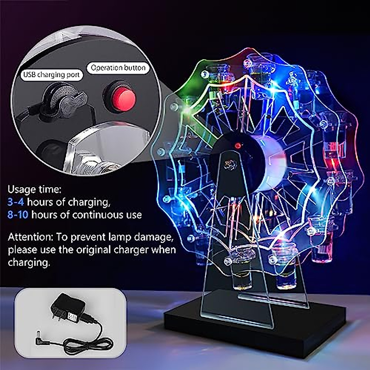 YTCYKJ LED Neon Champagne Wine Acrylic Cup Holder, Ferris Wheel Shape, Rechargeable Cocktail Shelve, Colorful Light,Liquor Bottle Display Rack for Party Club, KTV, Bar,Birthday, Wedding, Anniversary