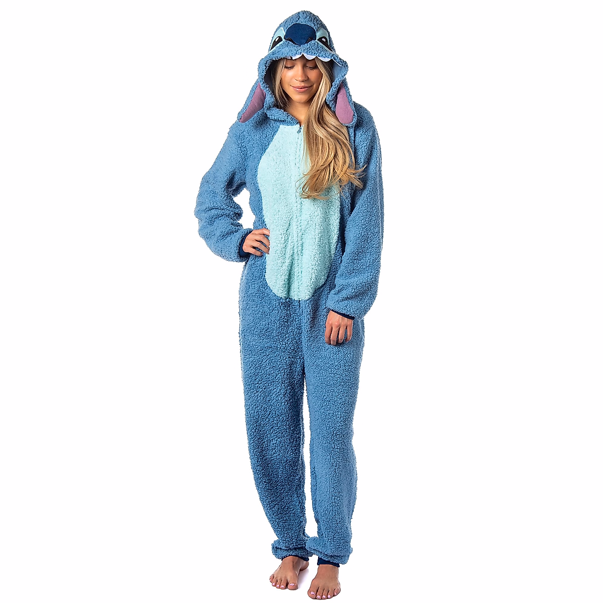 Disney Lilo And Stitch Adult Unisex Stitch Costume Sherpa Fleece One Piece Pajama Union Suit (Large) Blue